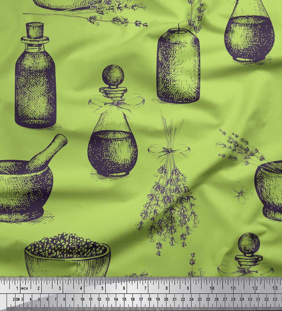 Soimoi Green polyester Crepe Fabric Lavender,Bottle & Mortar And Pestle ...