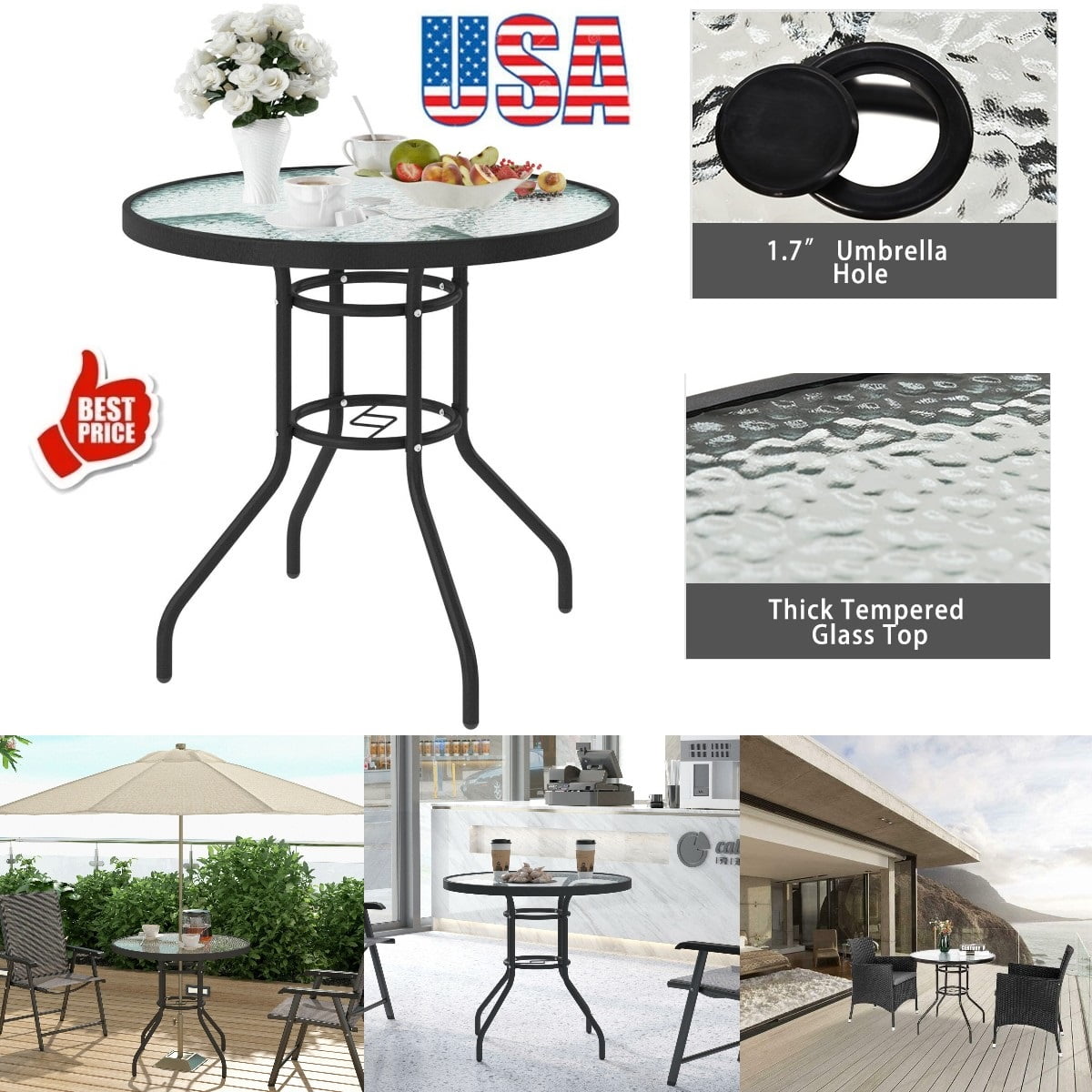 Goorabbit Outdoor Glass Table Patio Round Dining Table 31.5" Tempered ...