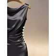 Black Satin Cowl Neck Sleeveless Ruched Midi Dress With Pearl Buttons ...