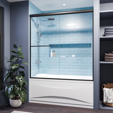 DELAVIN 56-59 in.W x 75 in.H Semi-Frameless Double Sliding Glass Shower ...