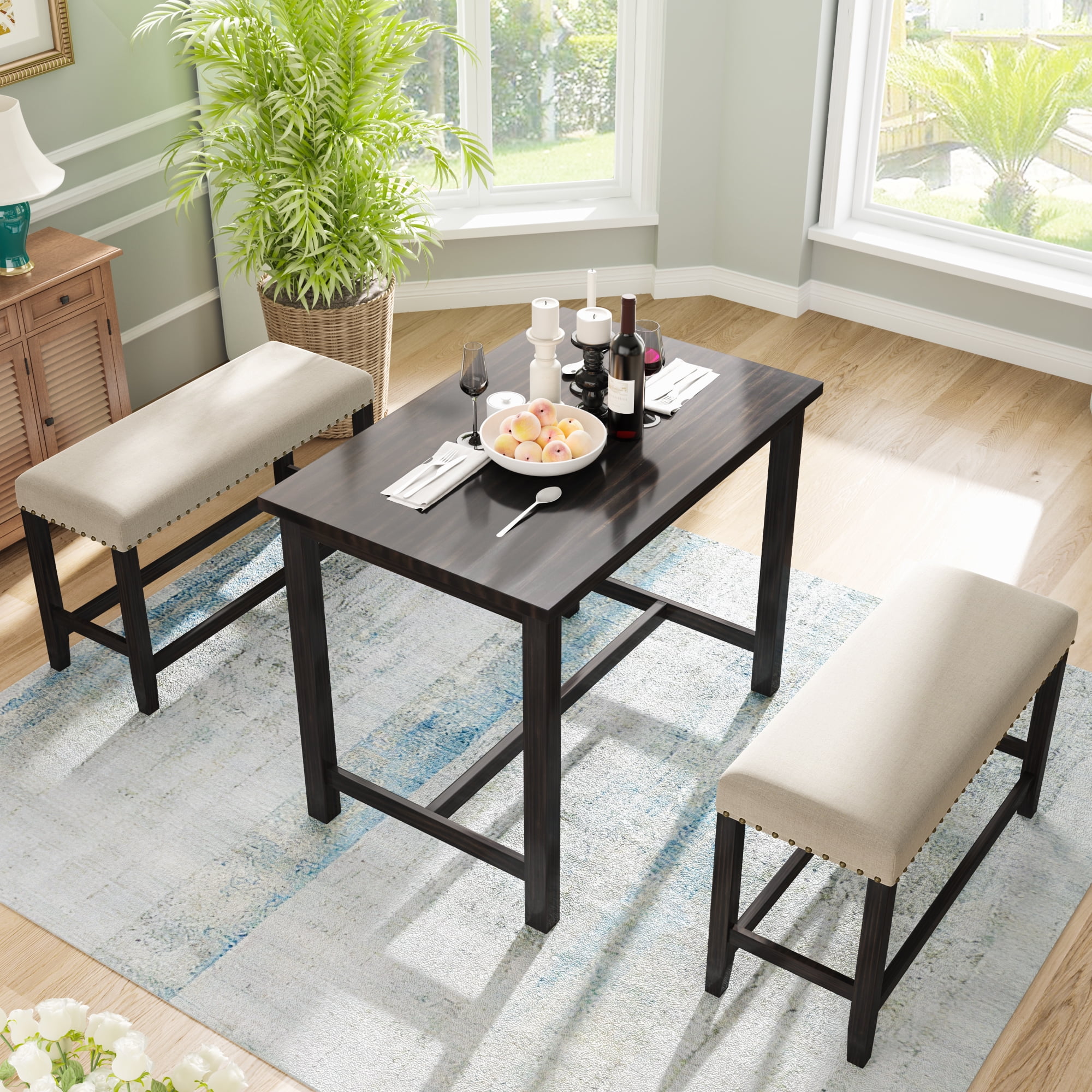 LANTRO JS 3 Pieces Rustic Wooden Counter Height Dining Table Set with 2 ...