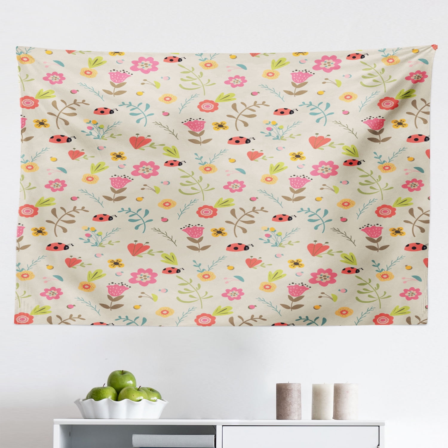 Ladybugs Tapestry, Maze Form of Flowers Bubbly Background Spring Season ...