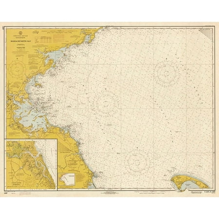 Nautical Chart - Massachusetts Bay ca. 1970 - Sepia Tinted Poster Print ...