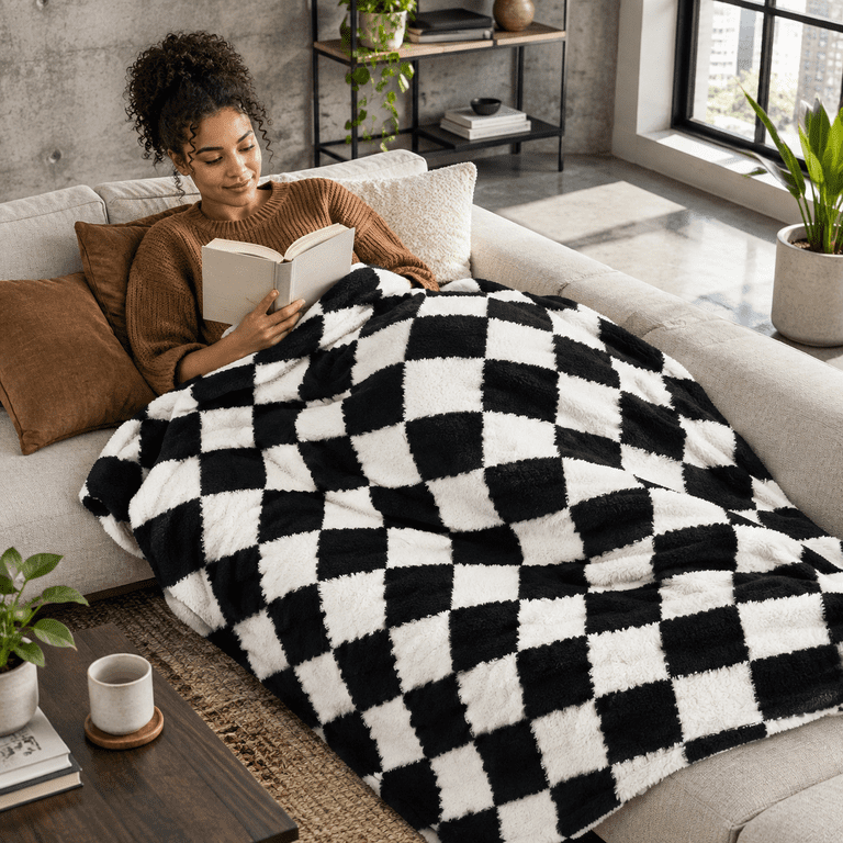 Faux Checkered Blanket Size With Soft Knittedfiber Fabric Cozy Warm For ...