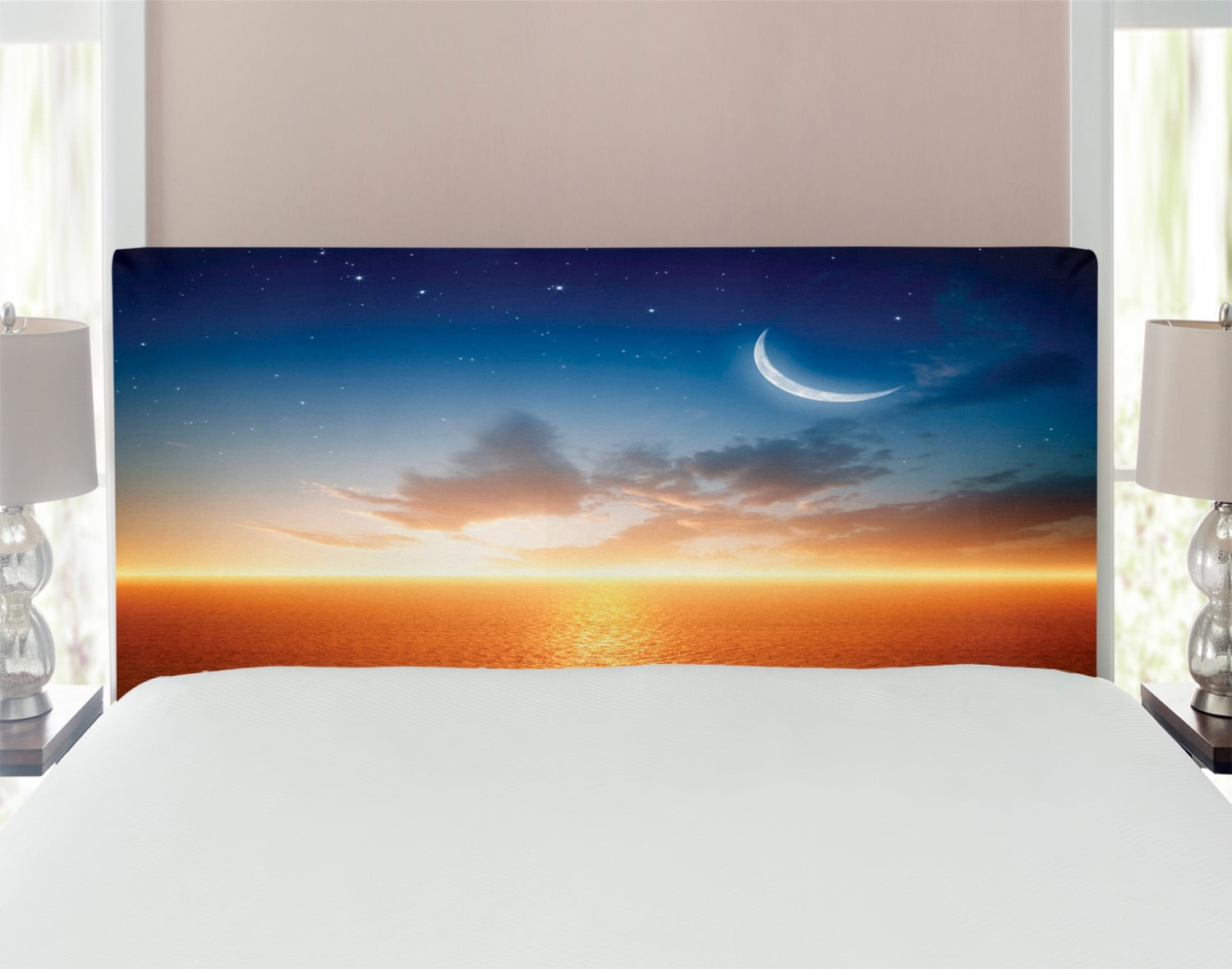 Ocean Headboard, Sunset Sky with Moon and Stars Horizon Scenery Fantasy ...