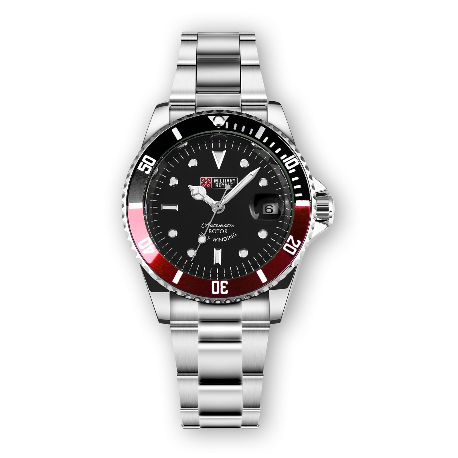 Military Royale Mens Watch Mechanical Red Black Bezel Stainless Steel ...