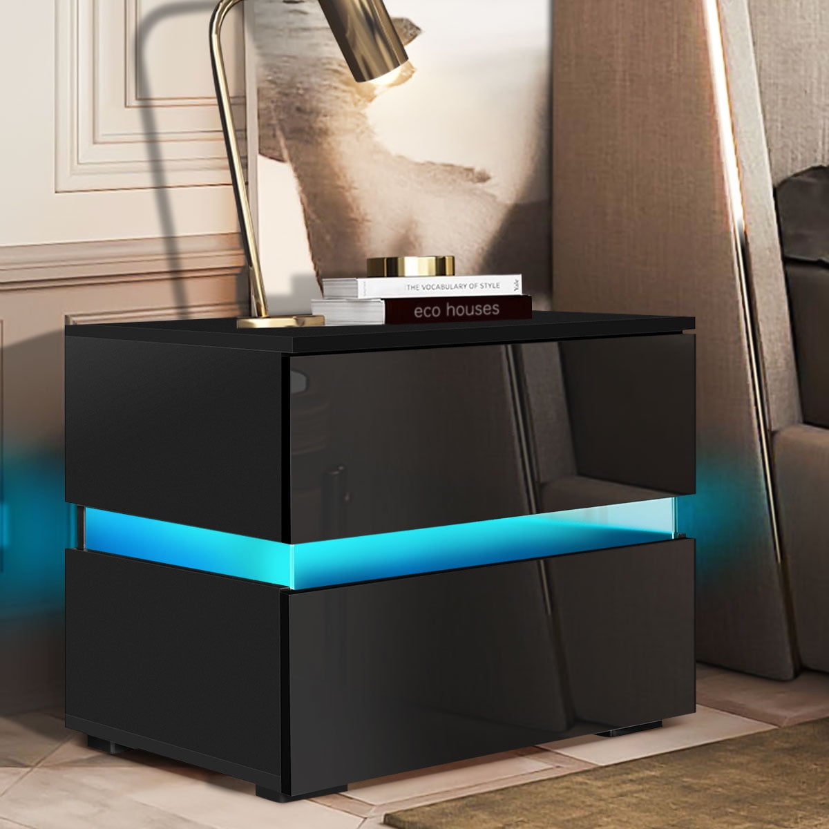 Hommpa High Gloss RGB LED Nightstand with Remote, 2 Drawers Bedside ...