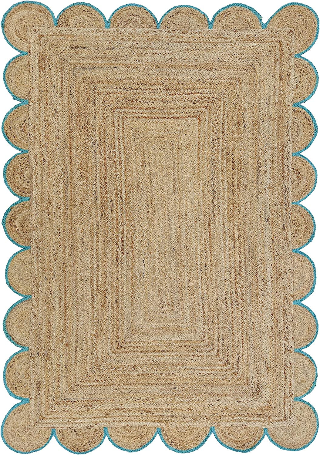 Turquoise Scalloped Natural Jute Area Rug, Natural Red Boho Scallop ...