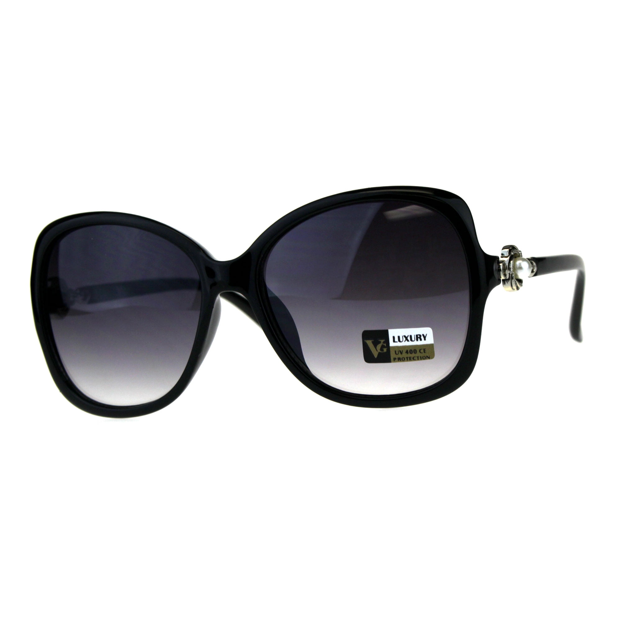 Womens Diva Oversize Pearl Jewel Bling Hinge Butterfly Sunglasses Black ...