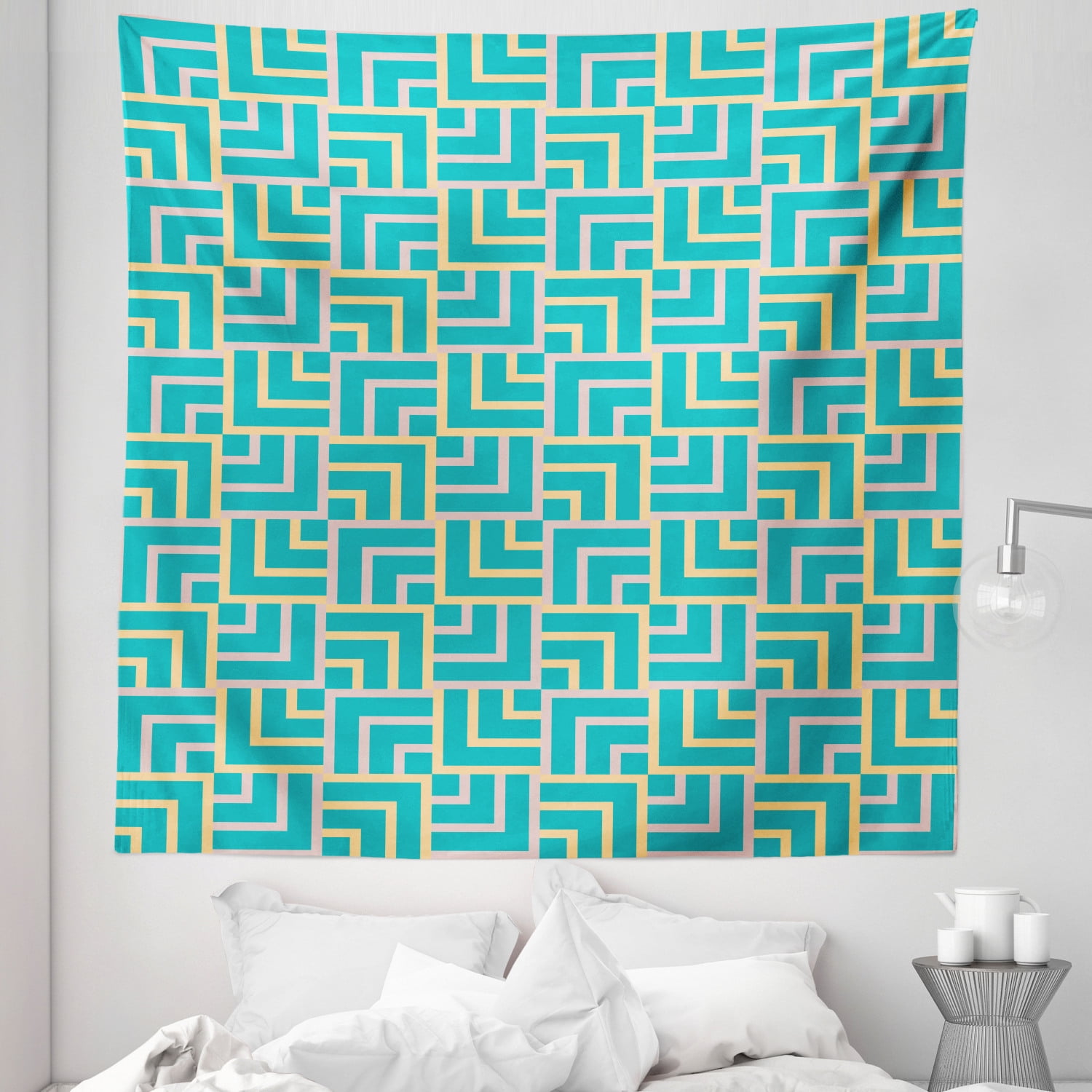 Turquoise Tapestry, Art Deco Style Shapes Like Geometrical Squares with ...