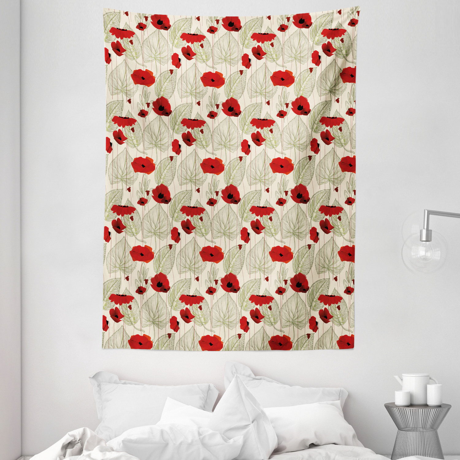 Poppy Tapestry, Sketchy Tree Leaves with Rural Floral Growth Botany ...
