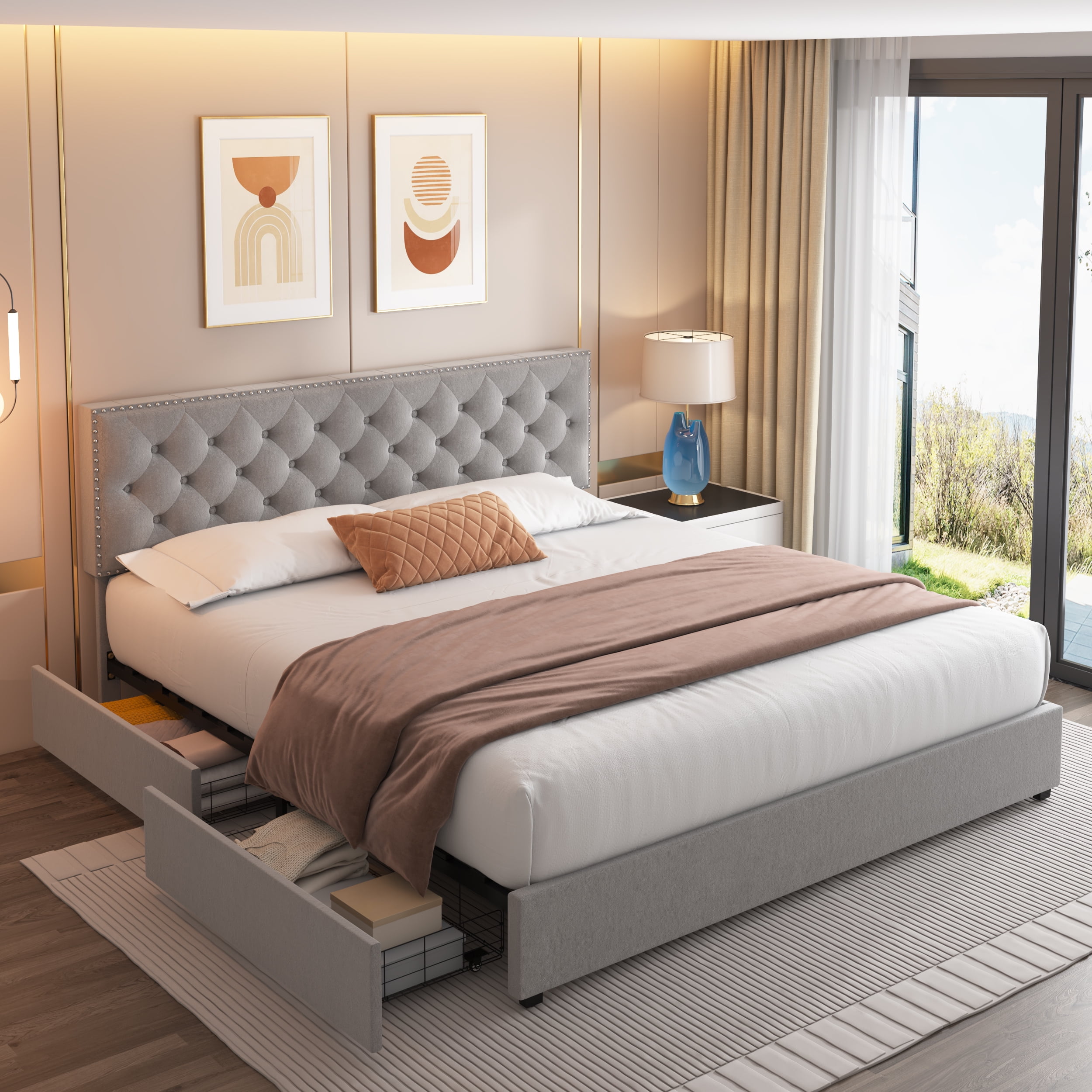 Homfa King Size Bed with 4 Storage Drawers, Modern Platform Bed Frame ...