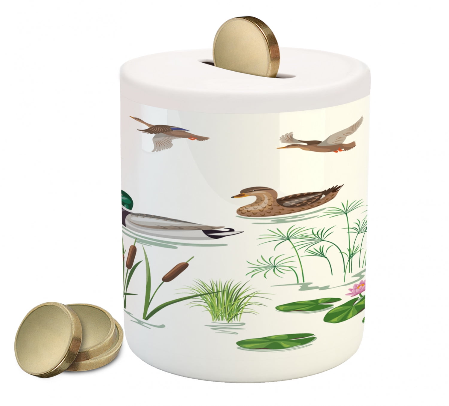 Rubber Duck Piggy Bank, Lake Animals and Plants Lily Flowers Reeds Cane ...