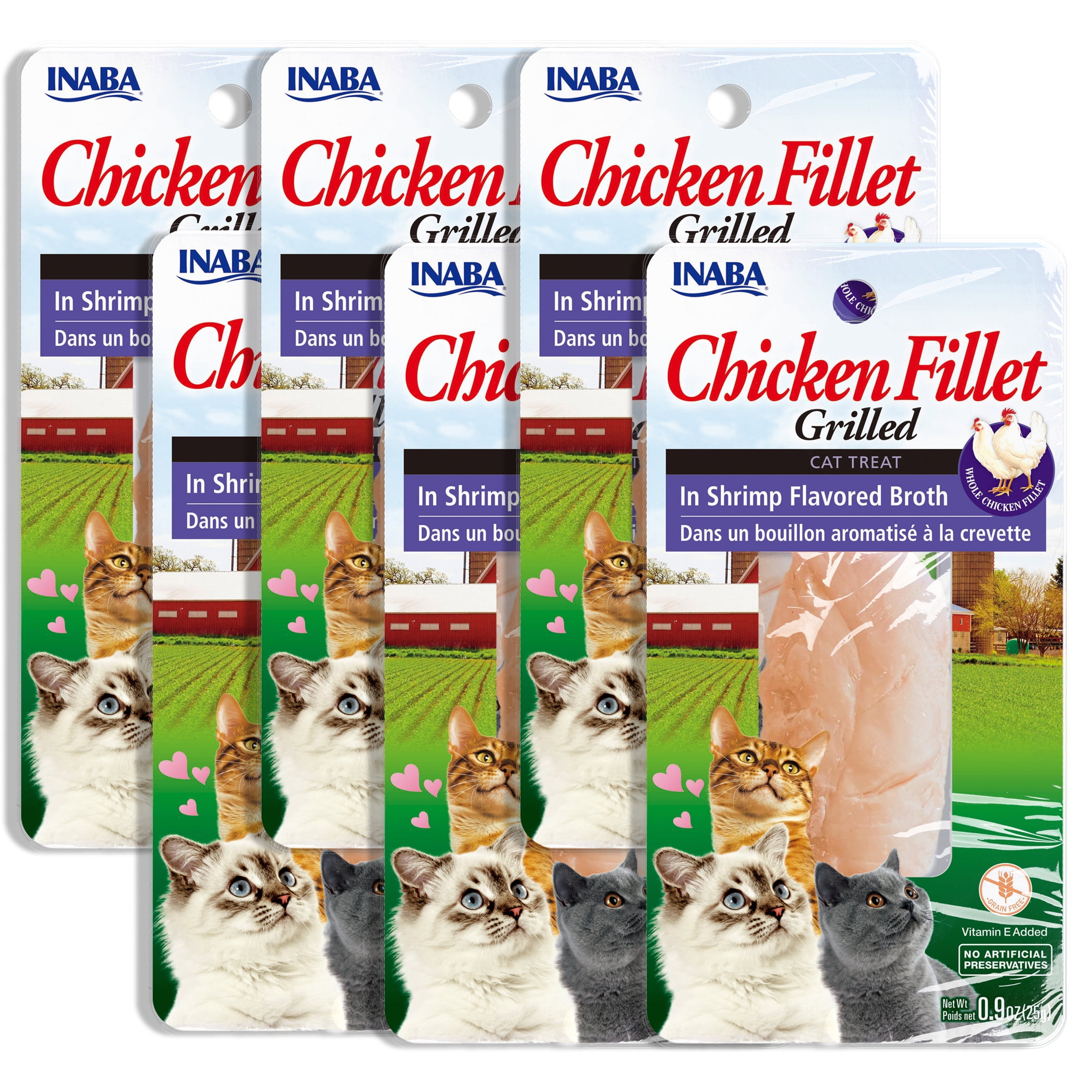 INABA Premium Hand-Cut Grilled Chicken Fillet Cat Treats w Vitamin E, 0.9 oz, 6-Pack, Shrimp ...