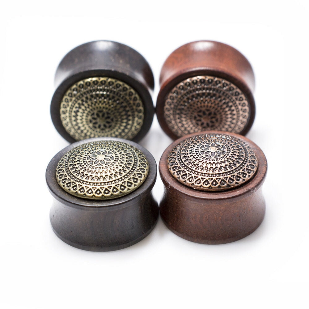 Organic Ear Plugs Lattice Brass Inlay Wood Saddle Fit Double Flare ...