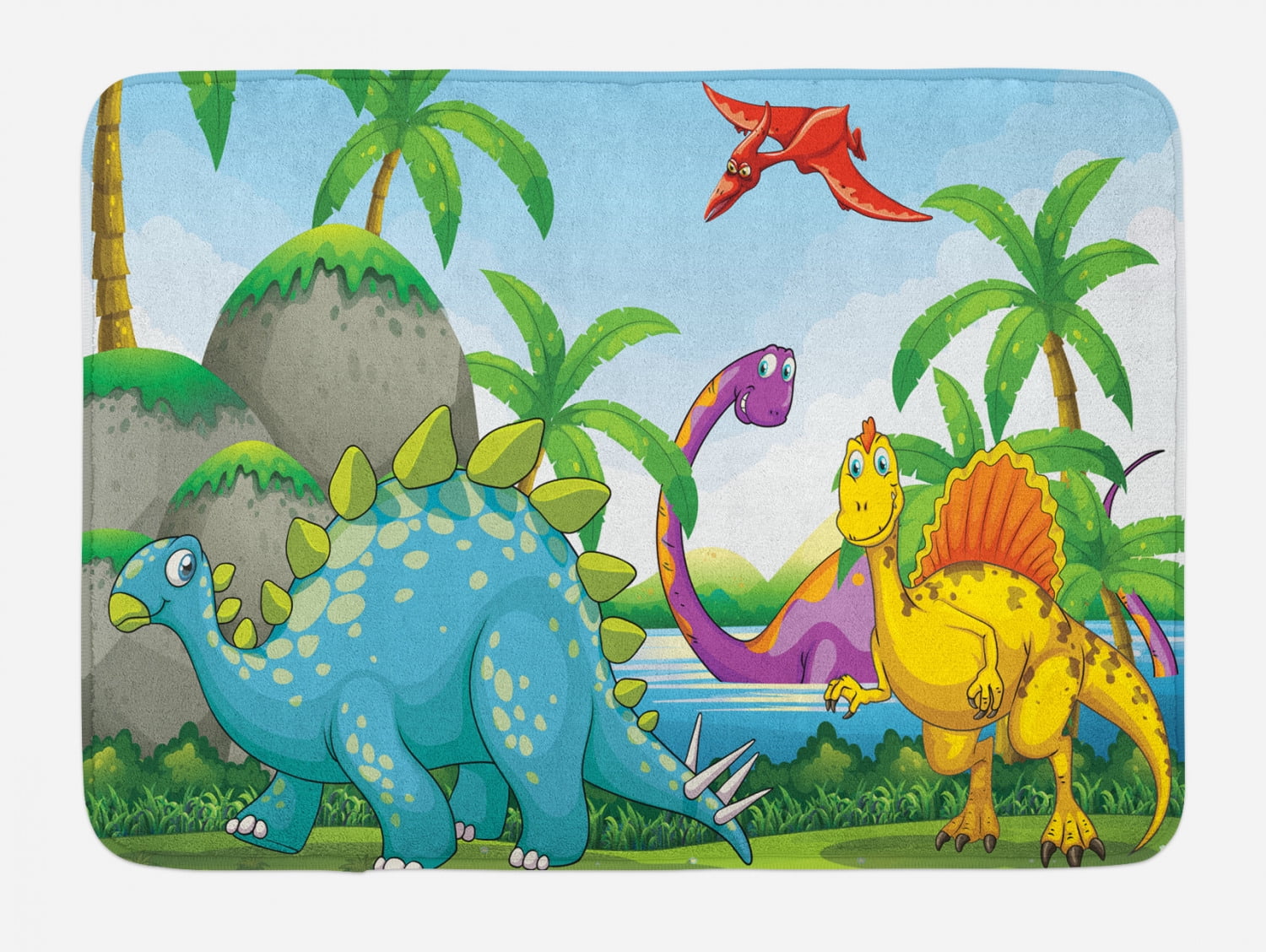Jurassic Bath Mat, Dinosaurs Living in the Jungle Illustration Palm ...