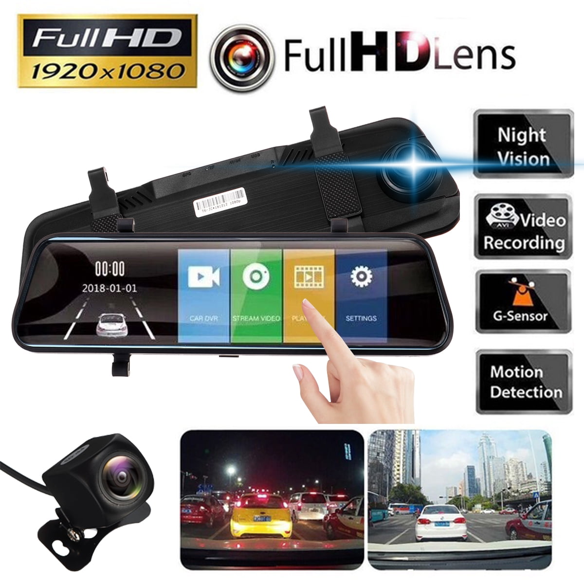 Kadell 10″ Dual Lens Stream Media HD 1080P Full Screen Touch Car Rear ...