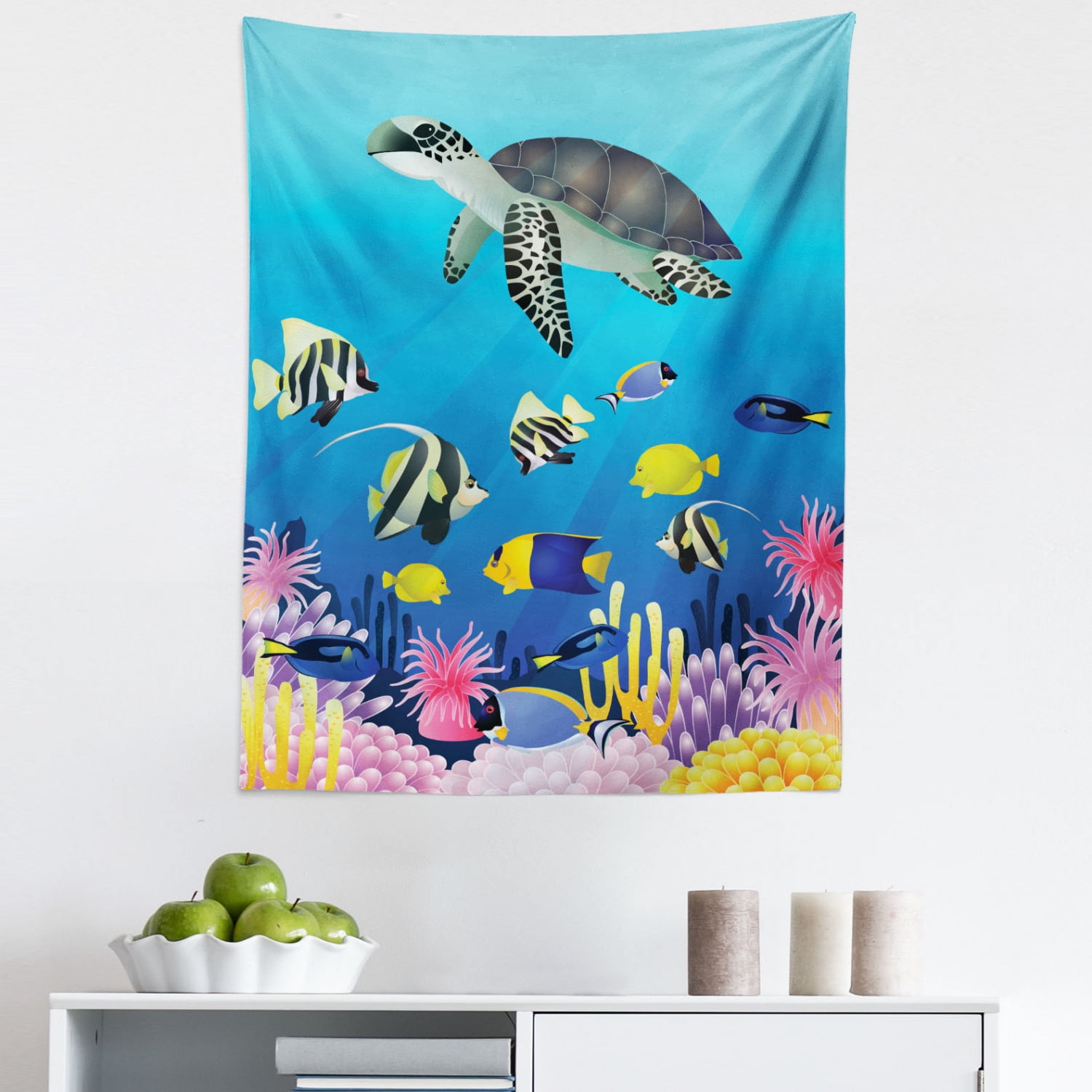 Ocean Tapestry, Sea Turtle Putterfish Clownfish Swimming Subaquatic ...