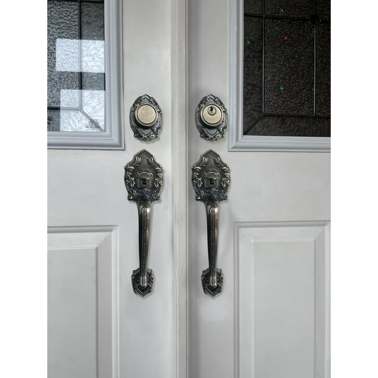 Double Reversal Front Door Hardware Set LUNA Heavy Duty Grip Entry Double Door Lock Set with Lever Handle Set and deadbolt European Style Antique
