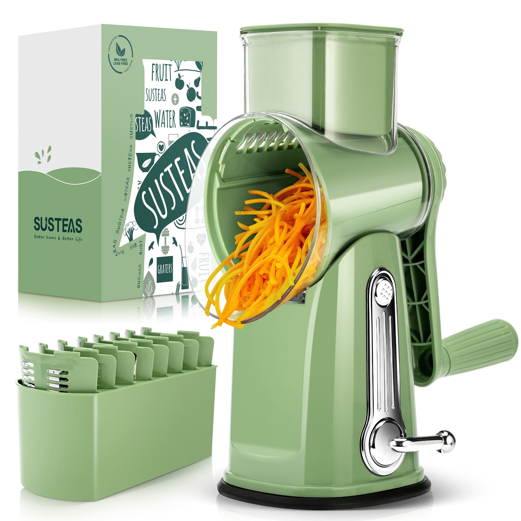 SUSTEAS Rotary Cheese Grater with Handle - Food Shredder with 5 Well ...