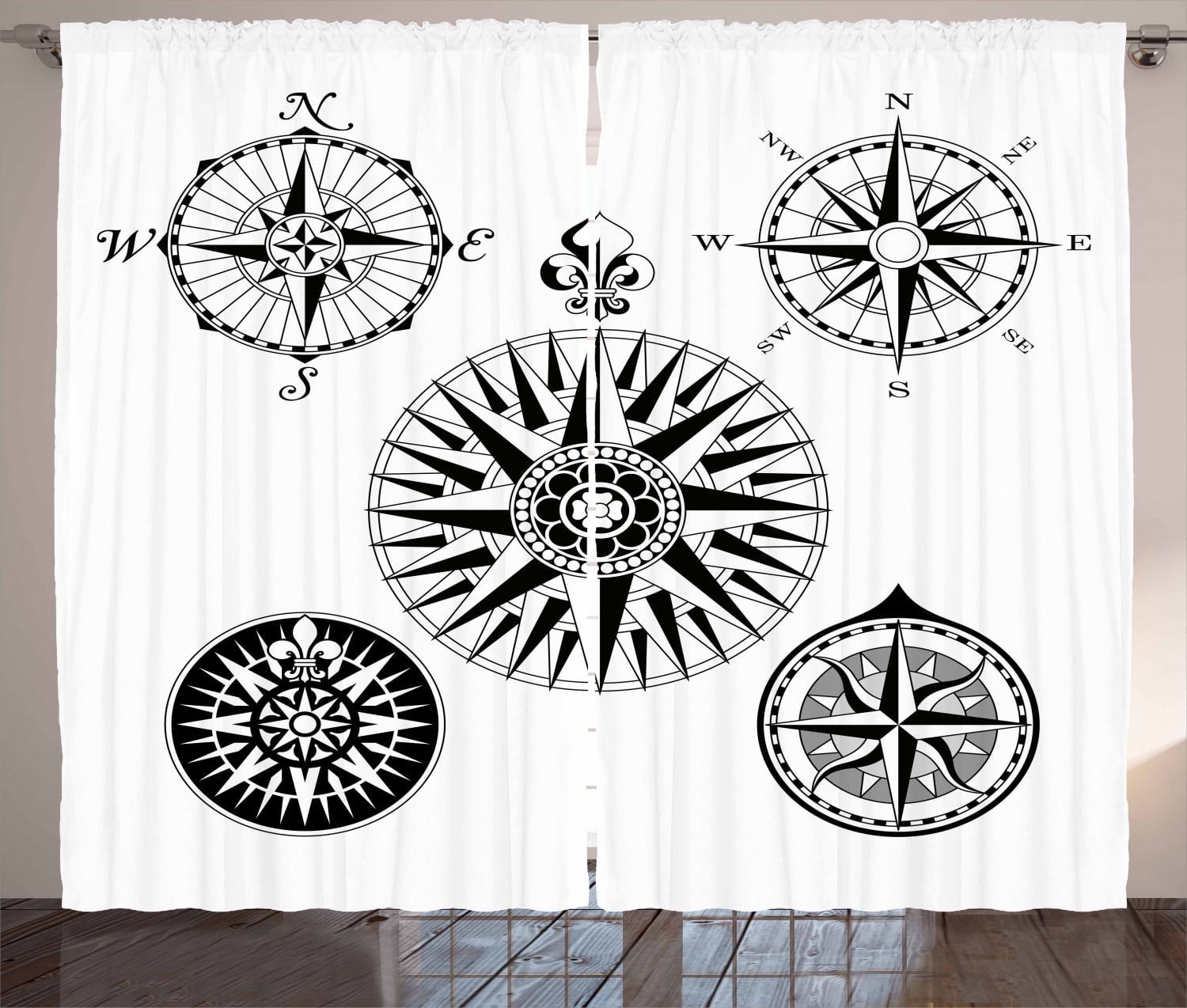 Compass Curtains 2 Panels Set, A Set of Highly Detailed Five Windroses ...