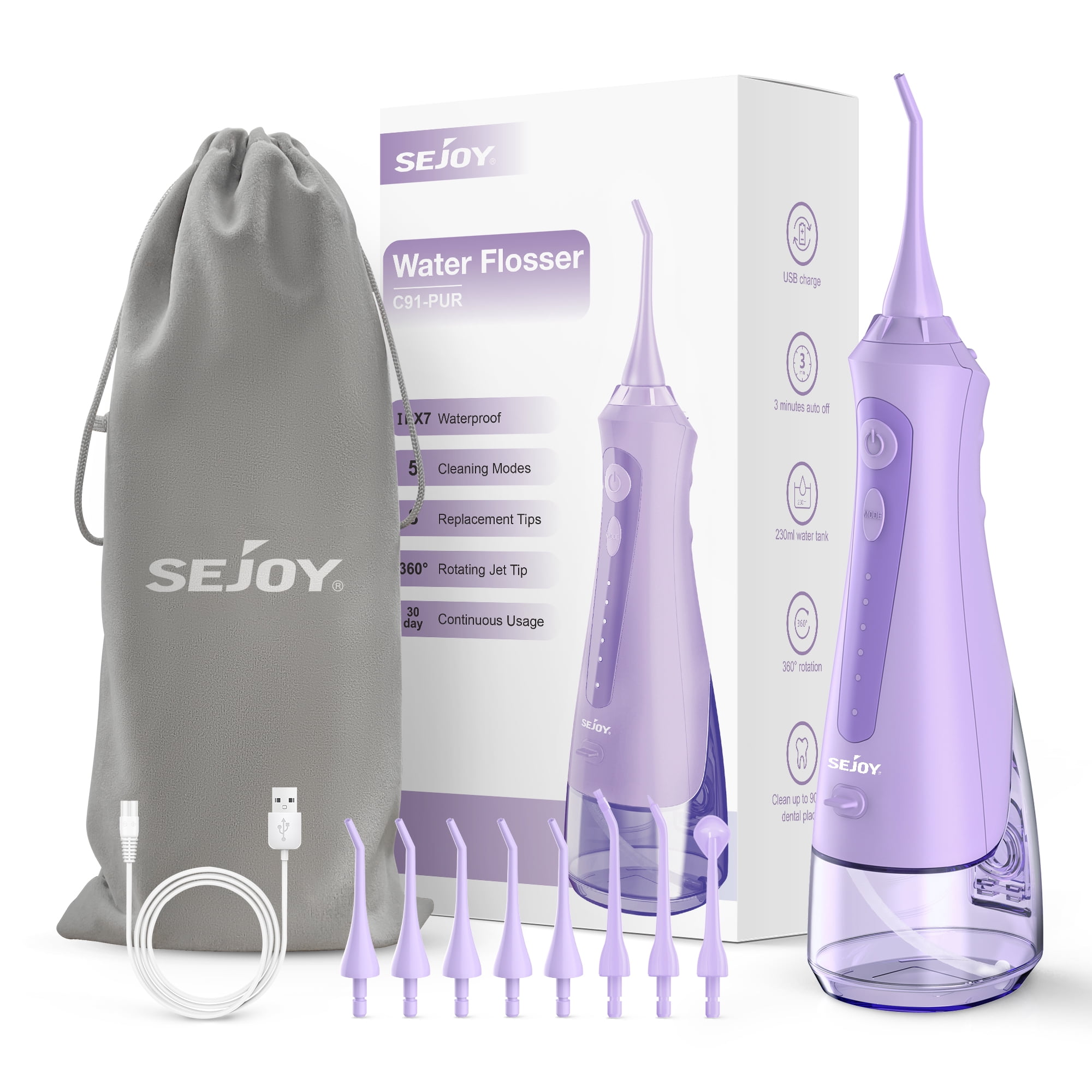 Sejoy Cordless Water Flosser, Dental Oral Irrigator, 230ML Portable ...