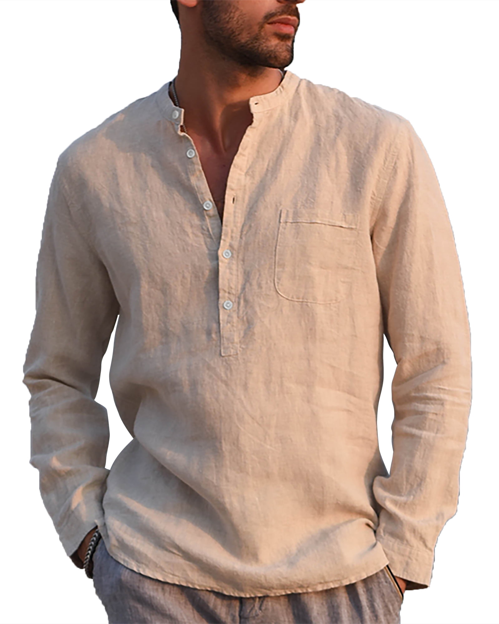 LVCBL Solid Color Casual Shirts Men Normal Cut High Neck Shirt Casual ...