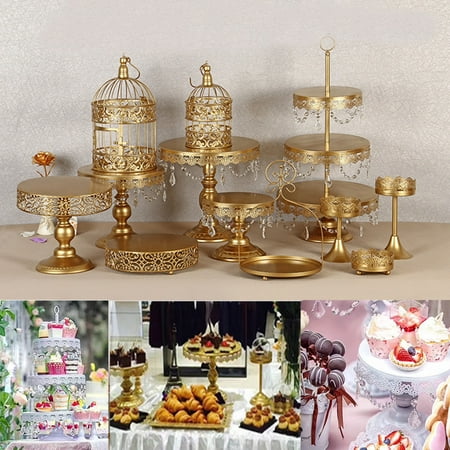 12Pcs Gold White Cake Stand Cupcake Stands Crystal Metal 3 Tier Dessert ...