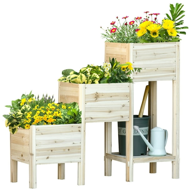 Outsunny 3 Tier Raised Garden Bed With Storage Shelf Wooded Elevated