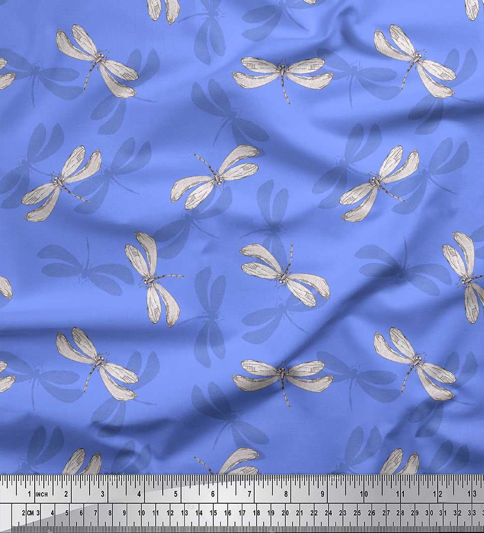 Soimoi Blue Japan Crepe Satin Fabric Shadow & Dragonfly Insect Print ...