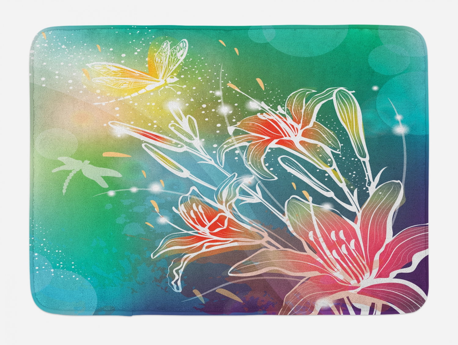 Dragonfly Bath Mat, Spring Theme Sketchy Digital Leaves Lilacs with ...