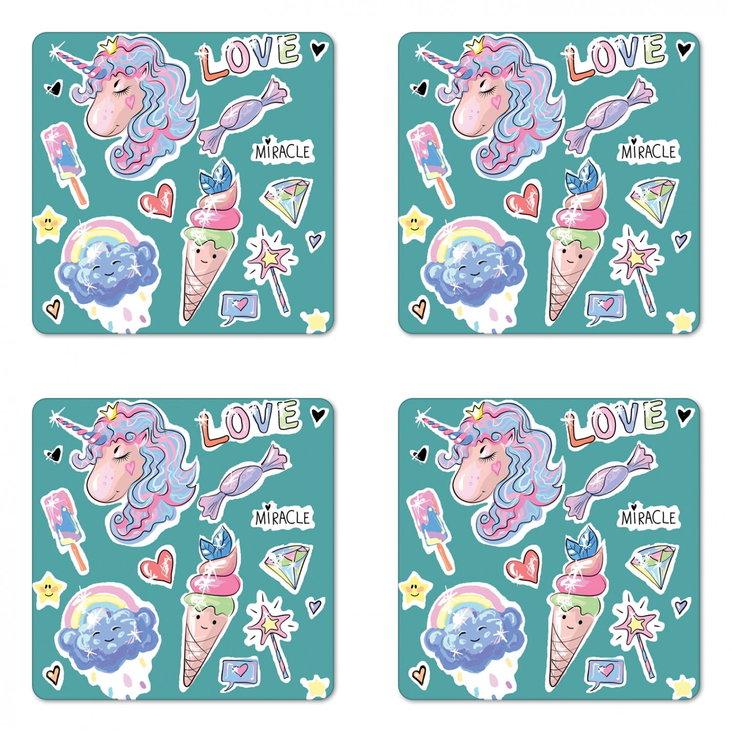Fantasy Coaster Set of 4, Fairy Unicorn Ice Cream Hearts Popsicles ...