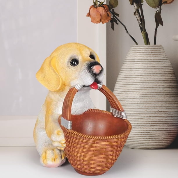 Puppy Statue with Basket Dog Resin Figurine Candy Storage Box Container ...
