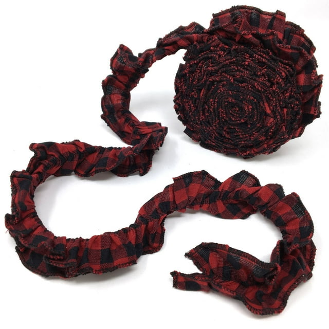 JCS Red & Black Buffalo Ruffled Homespun Cotton Fabric Plaid Trim/Garland - 2 x 144 inches (12 ...