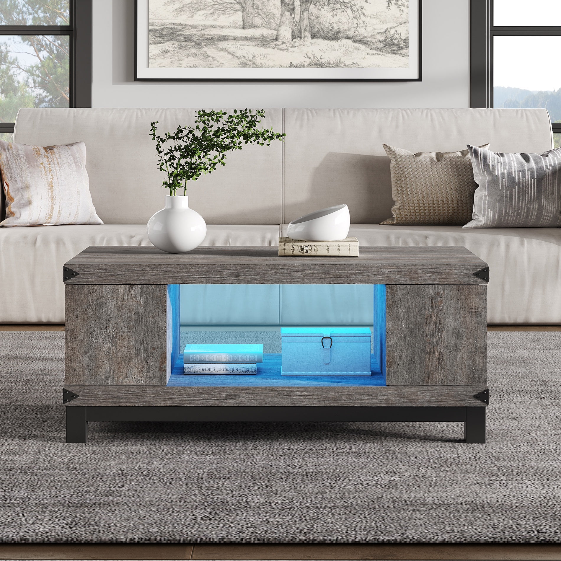 Wood Coffee Table with LED Lights for Living Room,Rustic Gray - Walmart.com