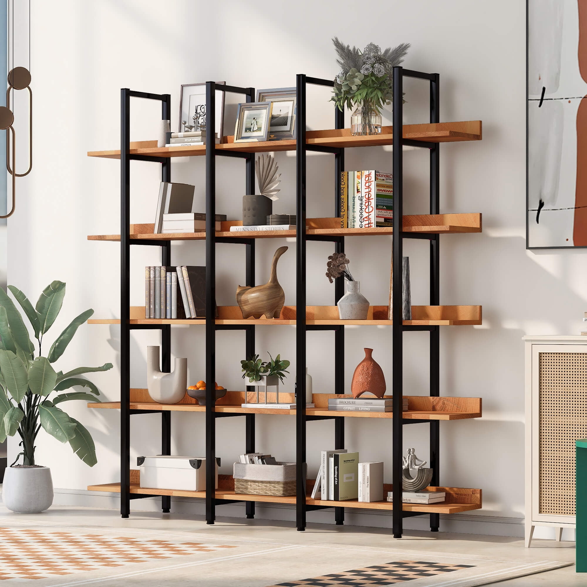 Ucloveria 5-Tier Industrial Bookshelf Open Bookcase, Rustic Book Shelf ...