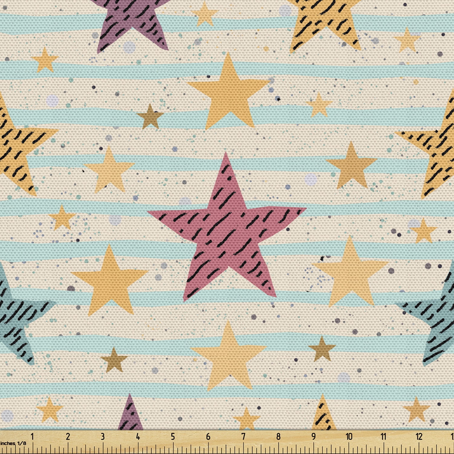 Stars Fabric by the Yard, Hand Drawn Stars with Dotted Pastel Stripes ...