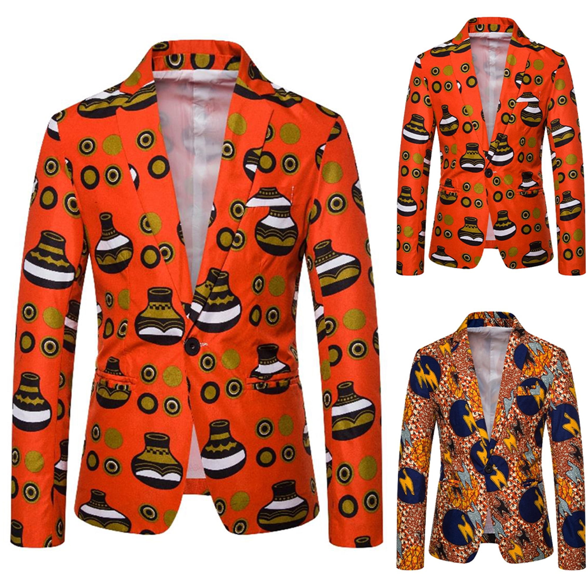KAMAMEN Men's African Blazer Dress Suit Long Sleeve Single Breasted ...