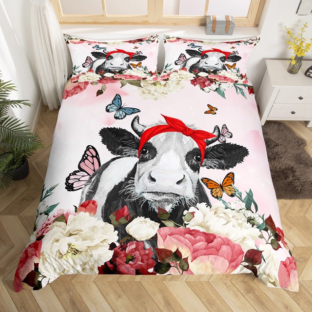 Highland Cow Comforter Cover Longhorn Bull Cattle Duvet Cover,Red Rose Flowers Bedding Set ...