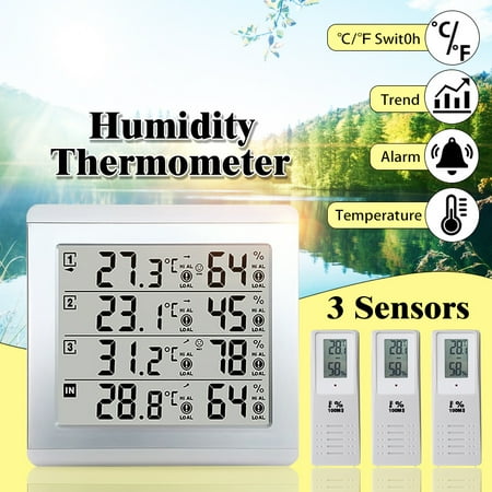 Wireless Digital Alarm Thermometer 3 Sensors Indoor Outdoor Audible ...