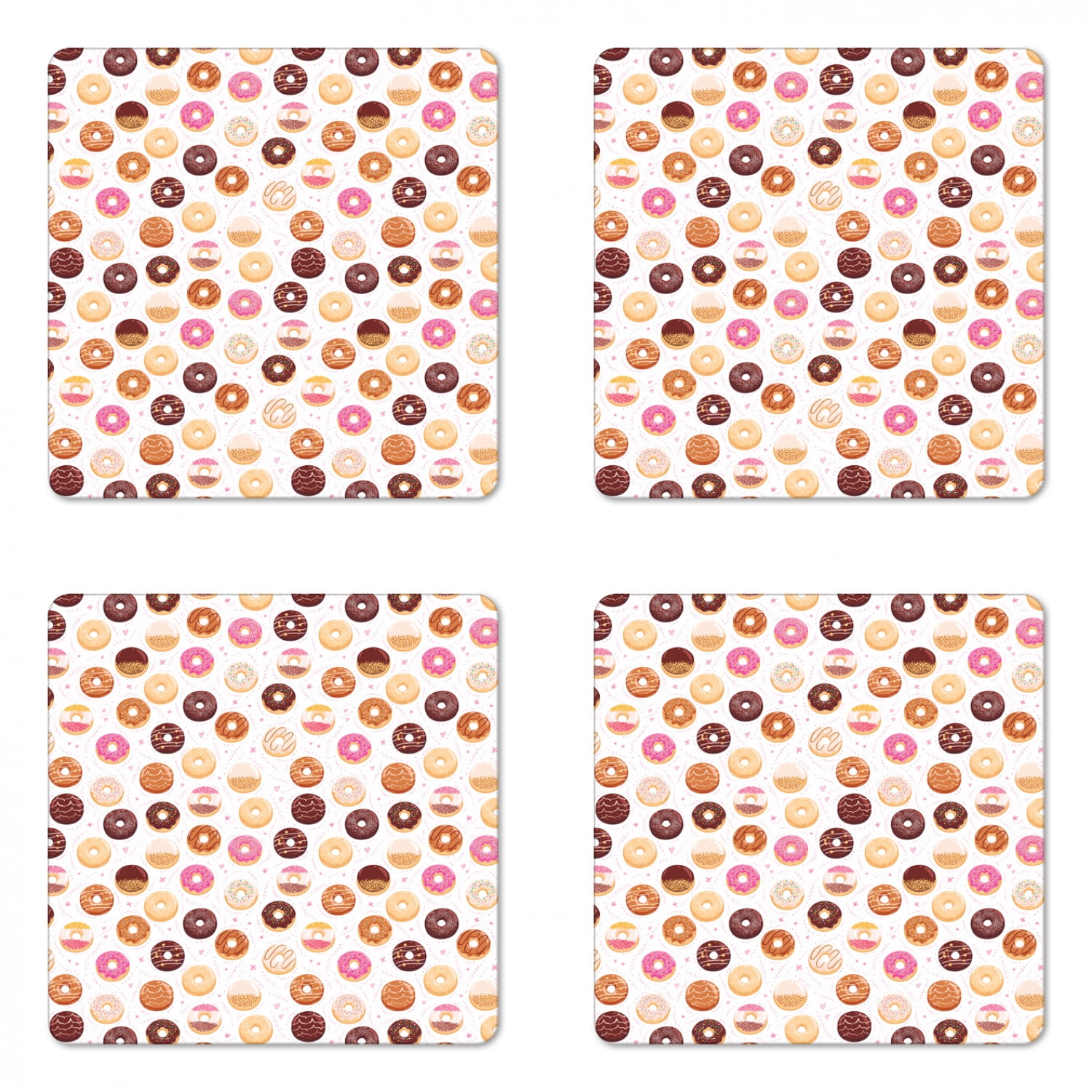 Food Coaster Set of 4, Donuts and Little Hearts Pattern Colorful Yummy ...