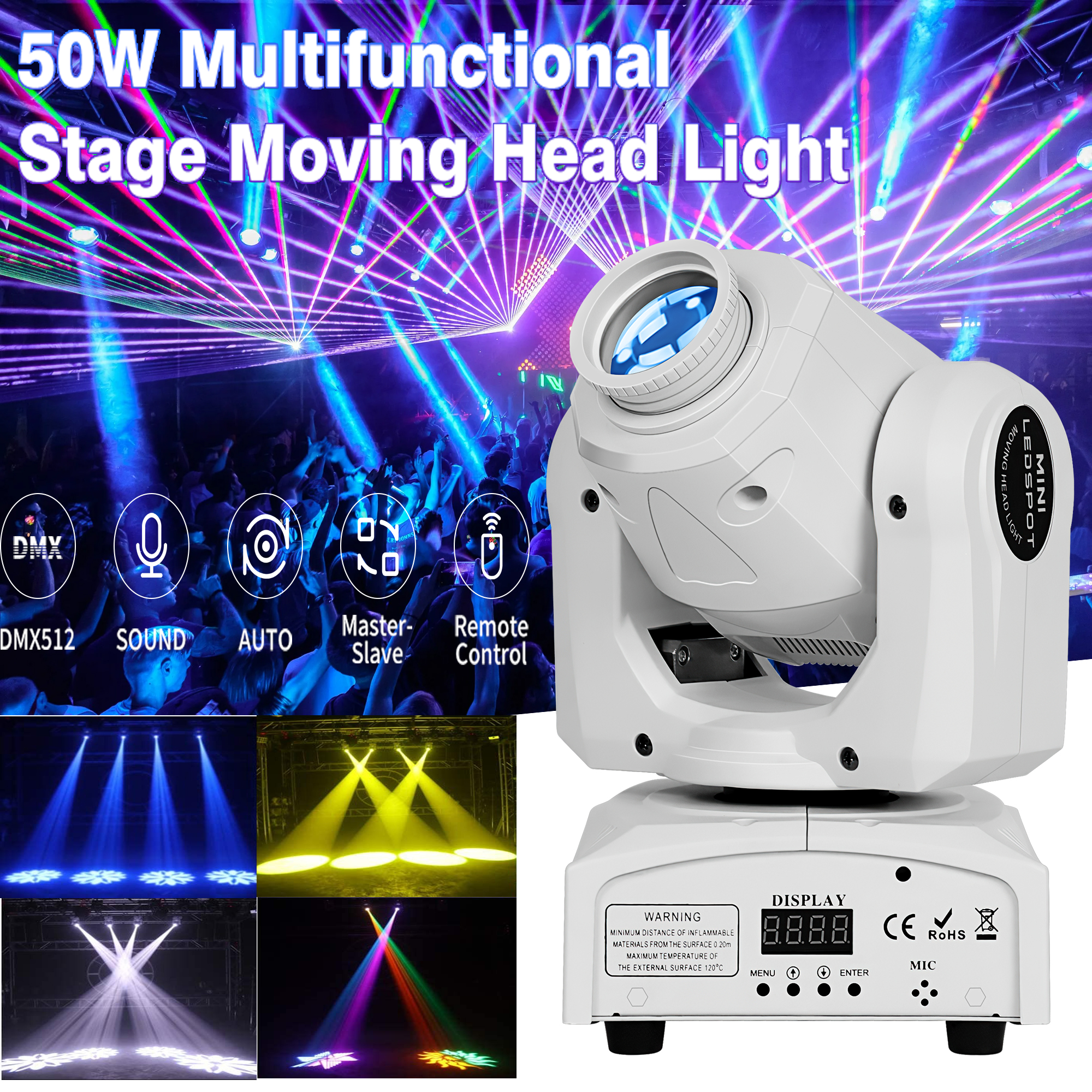 LED DJ Lights Moving Head 50W Gobo Strobe Stage Light with Remote Voice ...