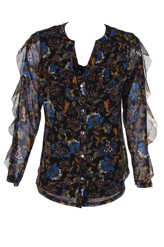 Inc Inc International Concepts Black Floral Print Ruffled Sleeve