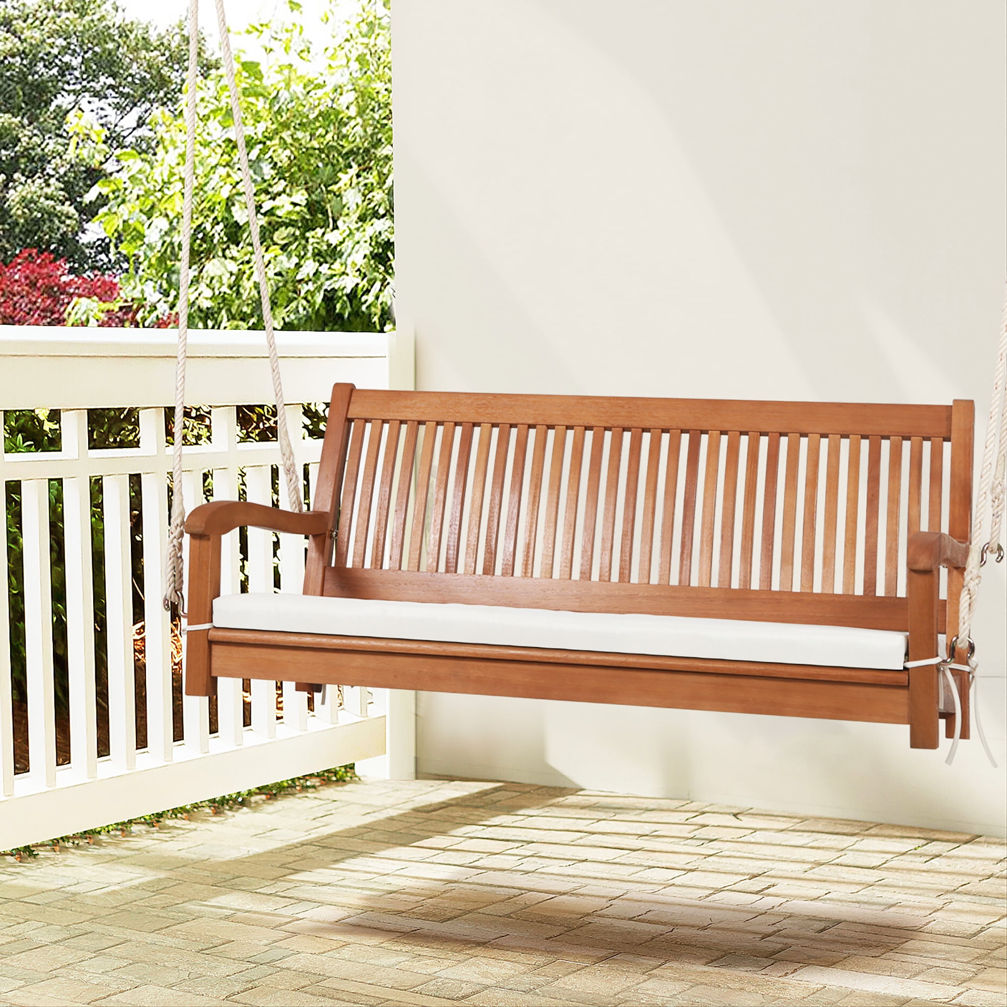 Gymax 2-Seat Patio Hanging Wooden Porch Swing Bench w/ Cushion ...