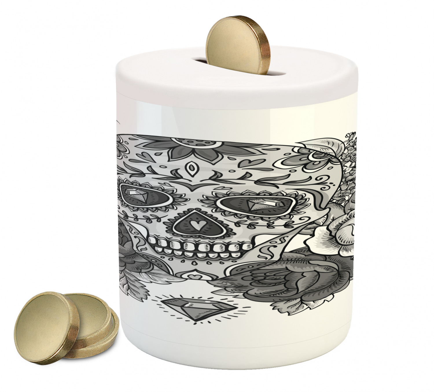 Sugar Skull Piggy Bank, Monochrome Skeleton Roses Leaves and Diamond ...