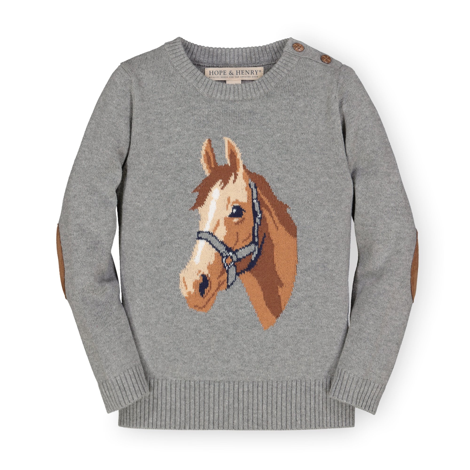 Hope & Henry Girls' Long Sleeve Intarsia Horse Sweater with Elbow ...