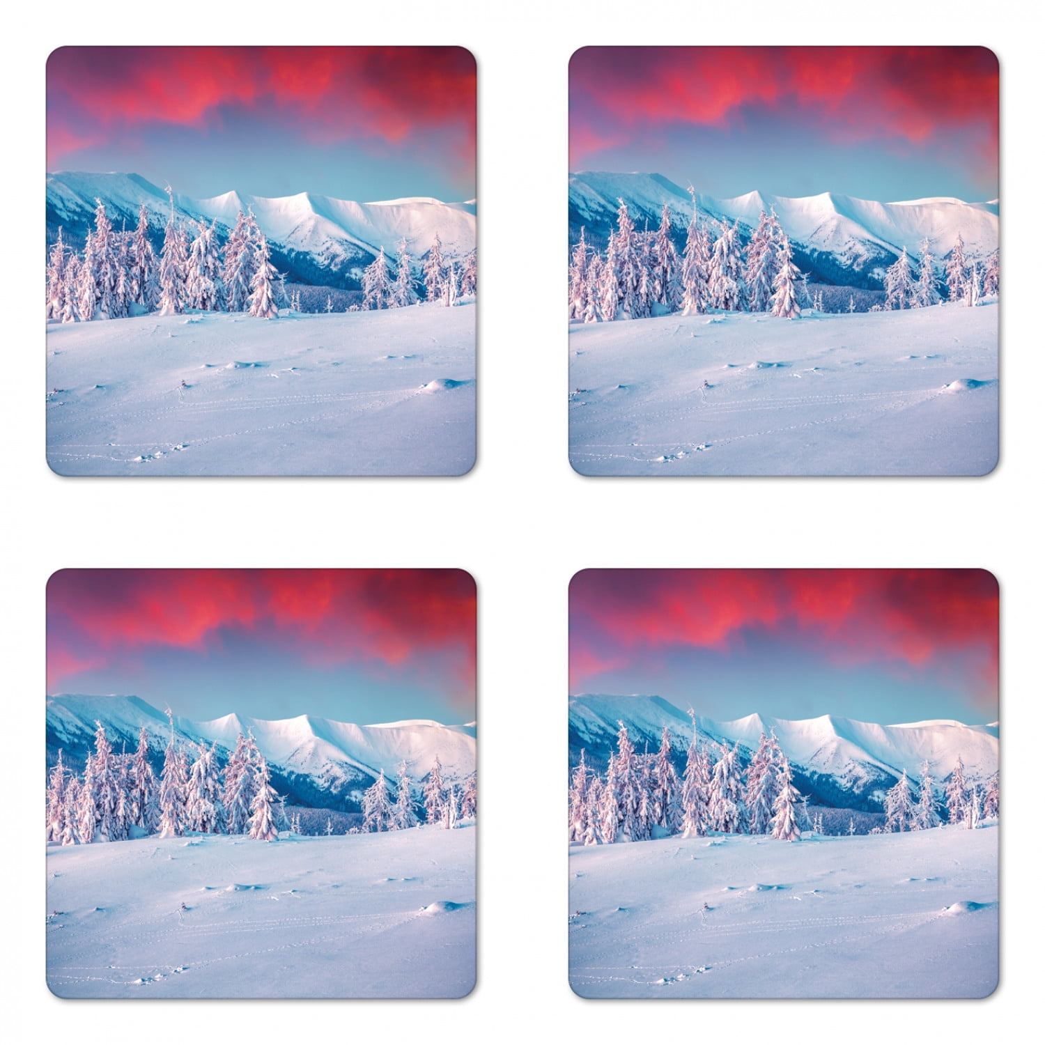 Landscape Coaster Set of 4, Sunset Dawn in Winter Snowy with Pine Trees ...