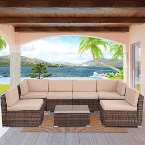 LACOO 7 Pieces Patio PE Wicker Conversation Set Rattan Outdoor ...