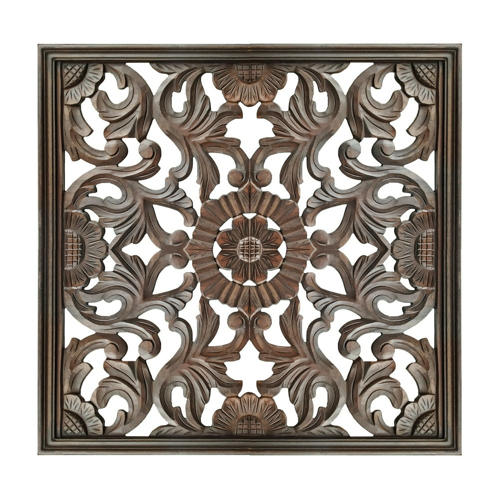 Square Shape Wooden Wall Panel with Filigree Carvings, Burnt Brown ...