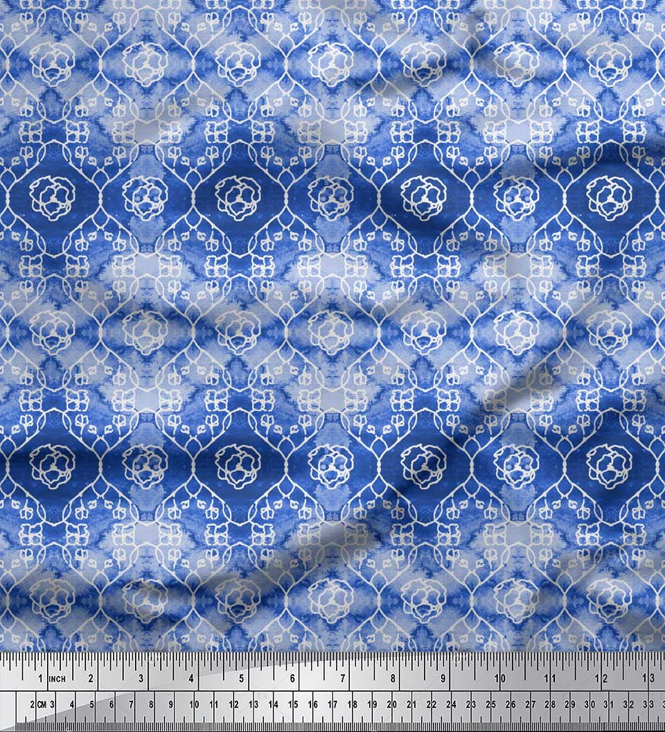 Soimoi Blue Rayon Fabric Damask Watercolor Print Fabric by the Yard 42 ...